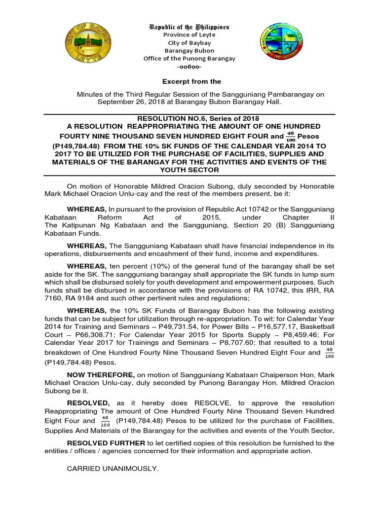 SK Funds Reappropriation Resolution | PDF | Philippines | Government