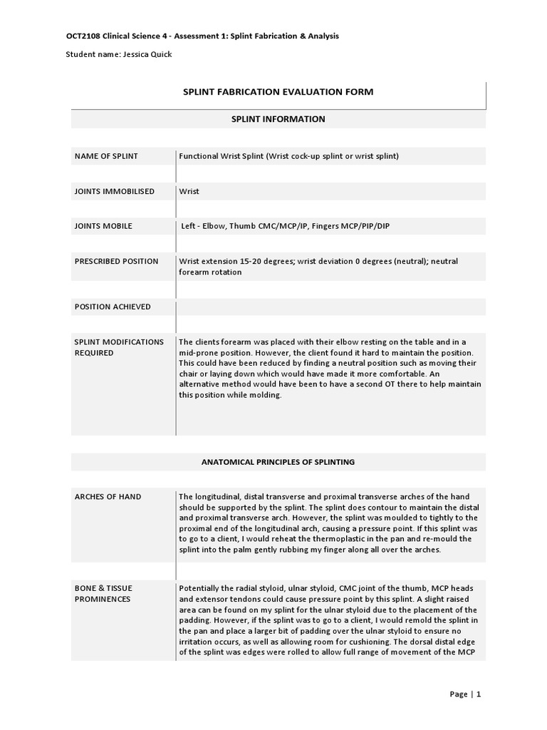 Splint Fabrication Evaluation Form | PDF | Thumb | Hand