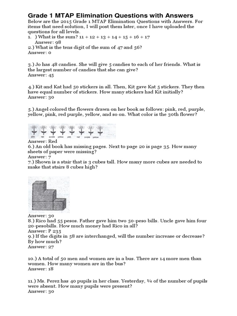 Grade 1 MTAP Elimination Questions With Answers | PDF | Nature