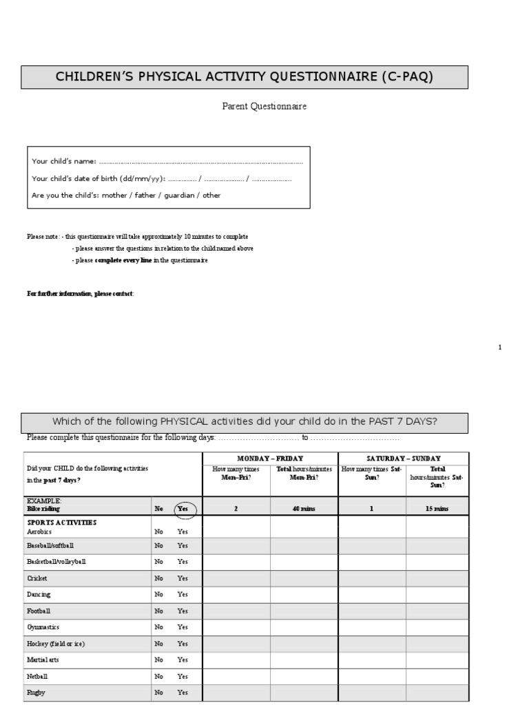 Children'S Physical Activity Questionnaire (C Paq) | PDF | Sports | Recreation