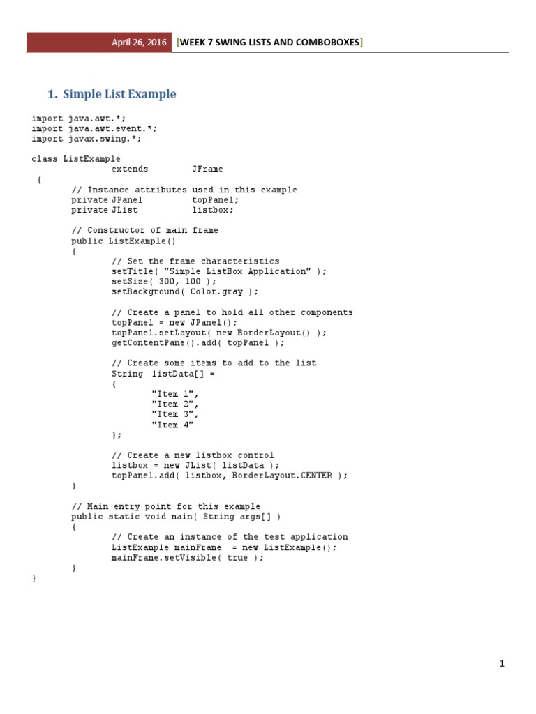 Simple List Example: Week 7 Swing Lists and Comboboxes | PDF | Areas Of ...