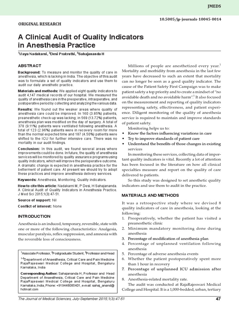 Monitoring Quality in Anesthesia: A Clinical Audit Using Key ...