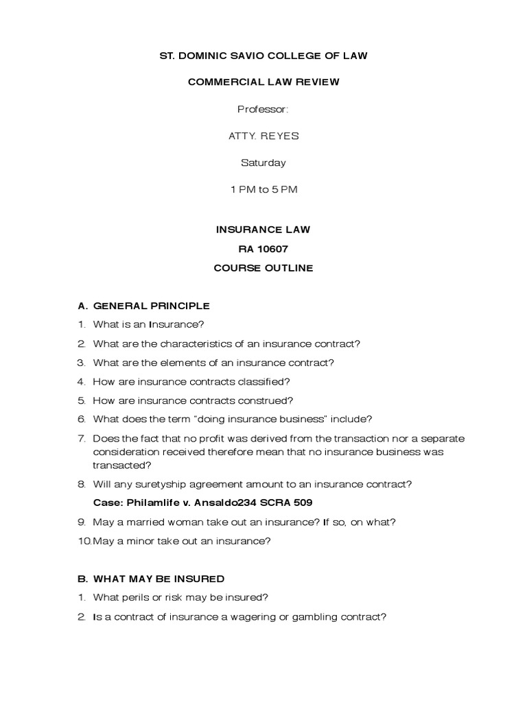 Insurance Law Course Outline | PDF | Liability Insurance | Insurance