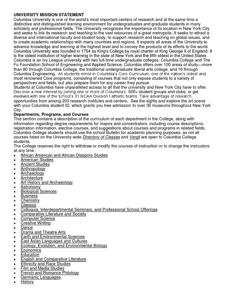 Columbia University Mission Overview | PDF | Columbia University ...