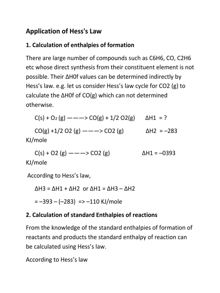 Application of Hess's Law: 1. Calculation of Enthalpies of Formation | PDF