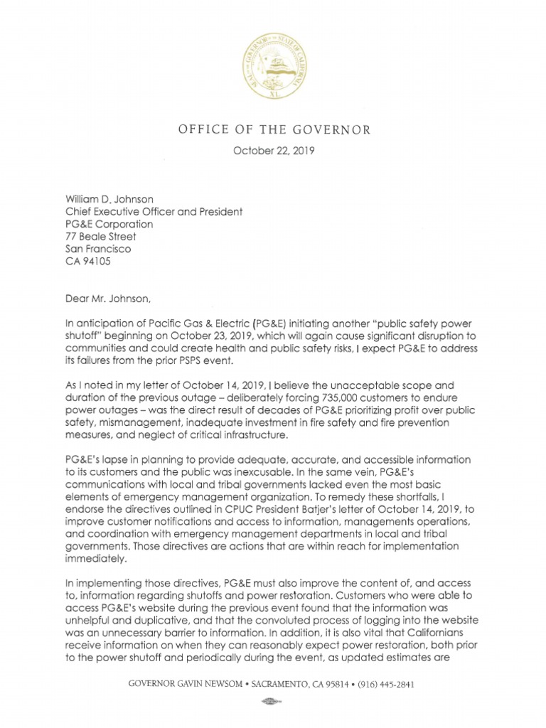 102219 Gov. Gavin Newsom Letter to PG&E CEO Bill Johnson
