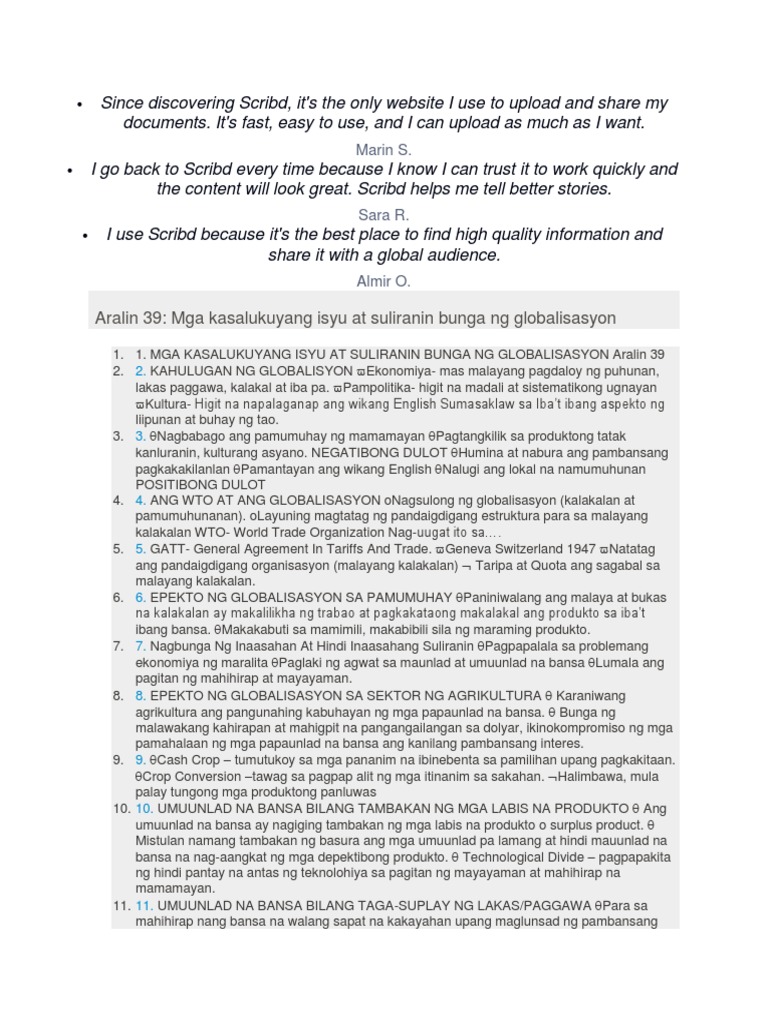 Aralin 39: Mga Kasalukuyang Isyu at Suliranin Bunga NG Globalisasyon | PDF