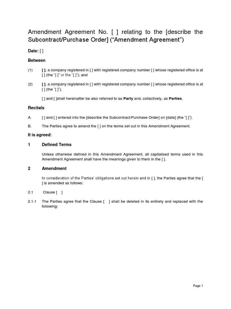 Amendment Agreement Template | PDF | Legal Documents | Legal Concepts