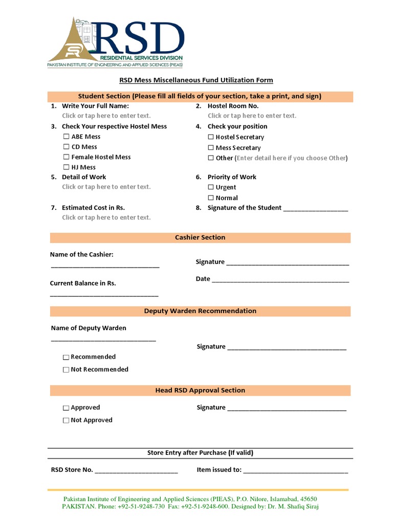 RSD Mess Miscellaneous Fund Utilization Form Student Section (Please ...