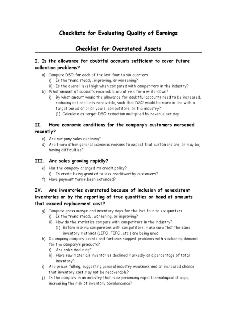 Checklists For Evaluating Quality of Earnings Checklist For Overstated ...