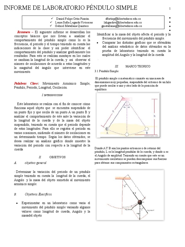 Practica Laboratorio Pendulo Simple | PDF | Péndulo | Mecánica