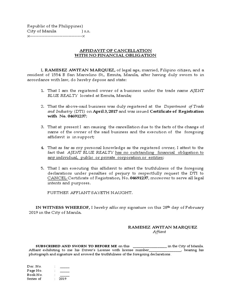 Affidavit of DTI Cancellation | PDF