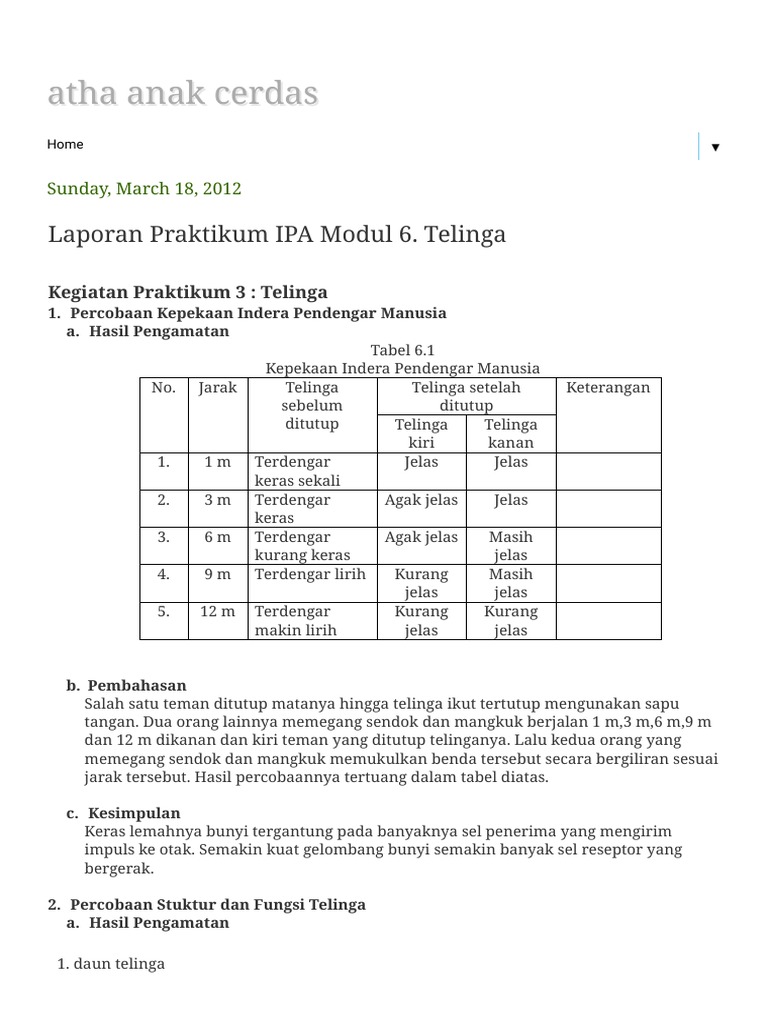 Atha Anak Cerdas Laporan Praktikum IPA Modul 6. Telinga | PDF | Kajian Bahasa Asing