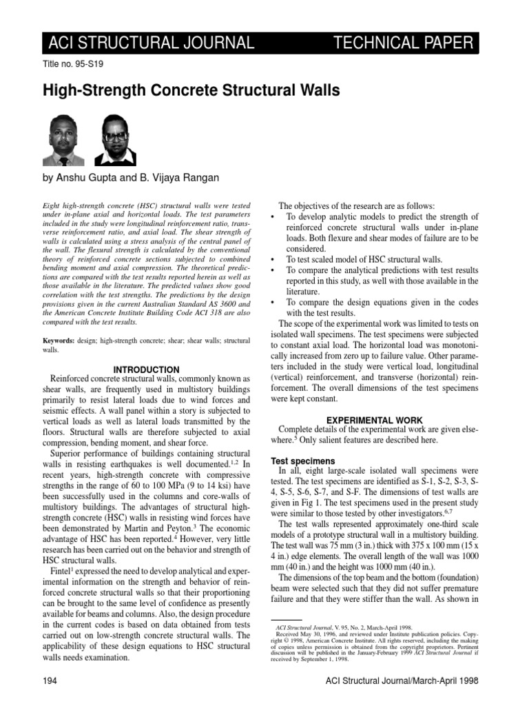 High-Strength Concrete Structural Walls: Aci Structural Journal ...