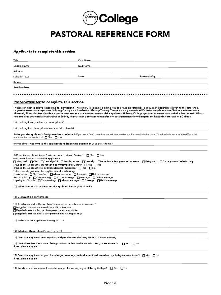 Pastoral Reference Form: Applicants To Complete This Section | PDF