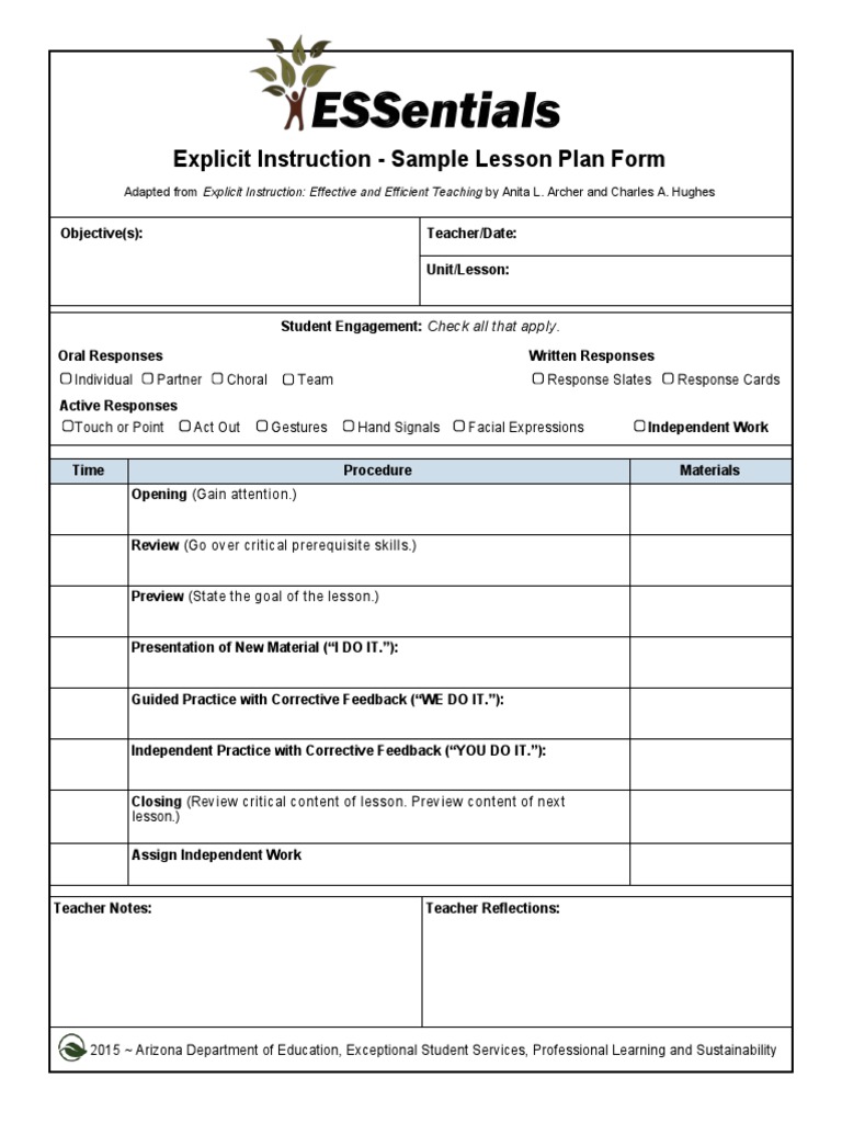 Explicit Instruction - Sample Lesson Plan Form | PDF
