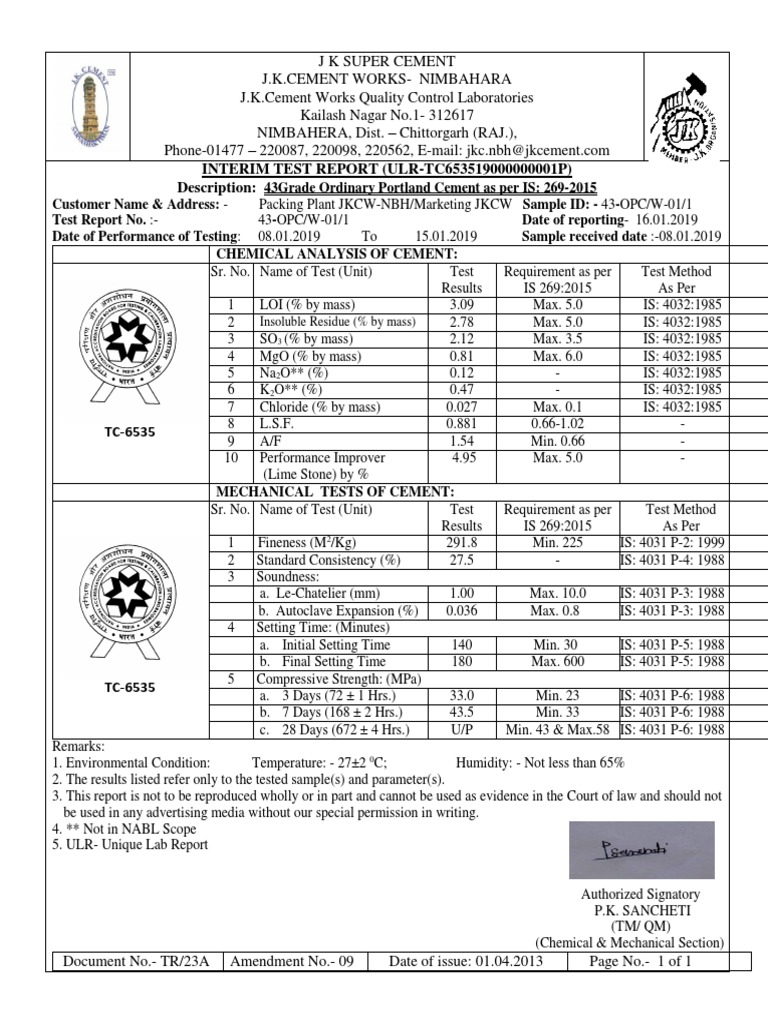 43 Opc Test Certificate(W-01 2019 ) | Cement | Building Engineering