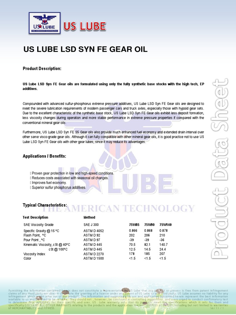 LSD Syn Fe Gear Oil - 75w85 75w90 75w140 | PDF | Oils | Chemical Substances