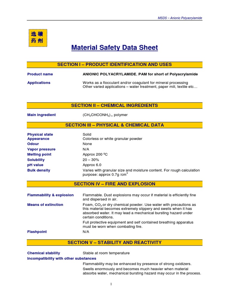 Material Safety Data Sheet: Section I - Product Identification and Uses ...