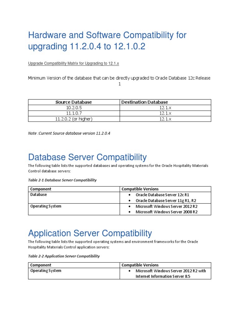 Hardware and Software Compatibility For Upgrading 11.2.0.4 To 12.1.0.2 ...
