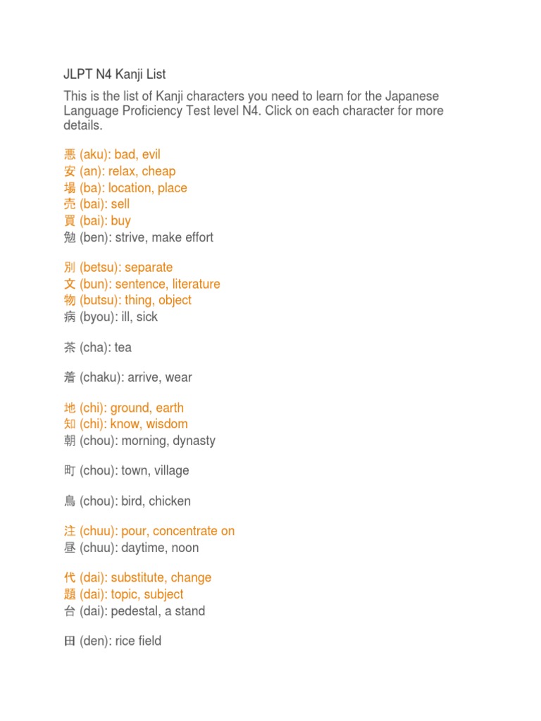 JLPT N4 Kanji List | PDF