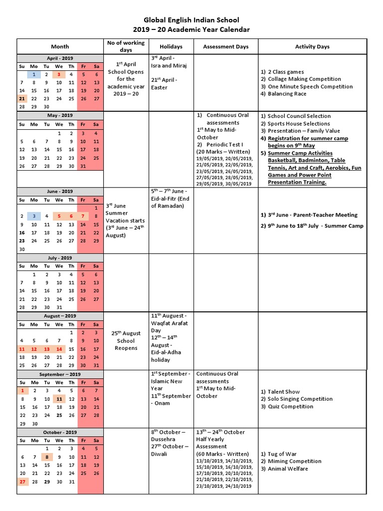 Global English Indian School 2019 - 20 Academic Year Calendar | PDF ...