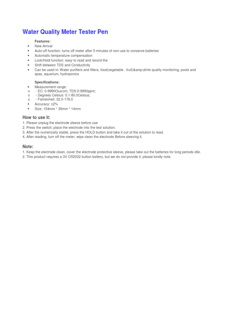 Water Quality Tester Pen Features & Specs | PDF