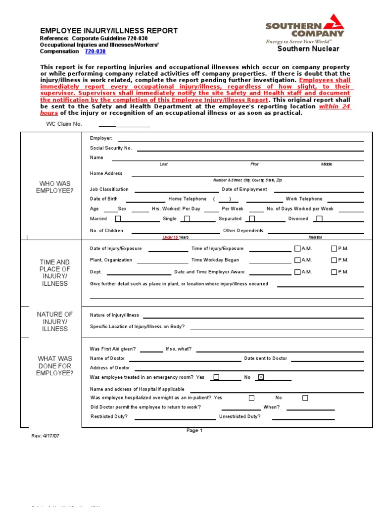 Employee Injury and Illness Report | PDF | Supervisor | Employment