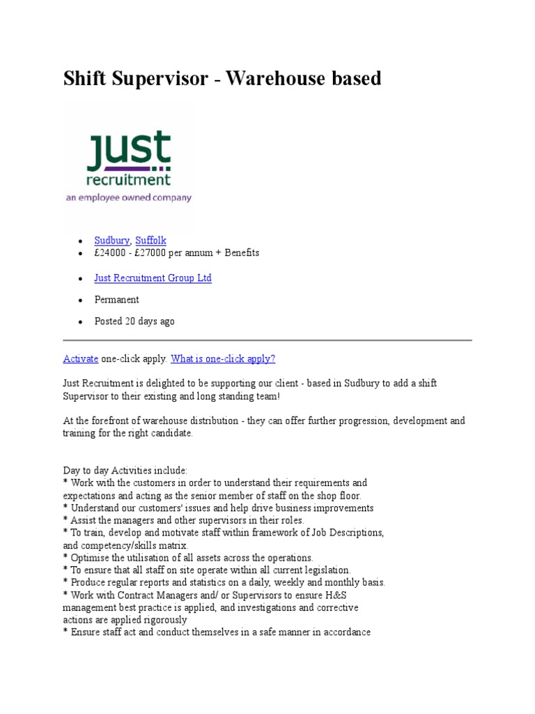 Shift Supervisor - Warehouse Based: Sudbury Suffolk | PDF | Attention ...