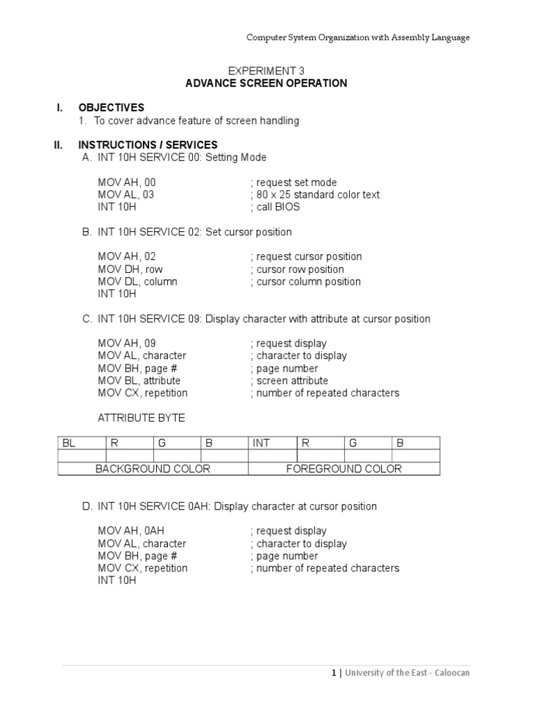 Advance Screen Operation I. Objectives: Computer System Organization ...