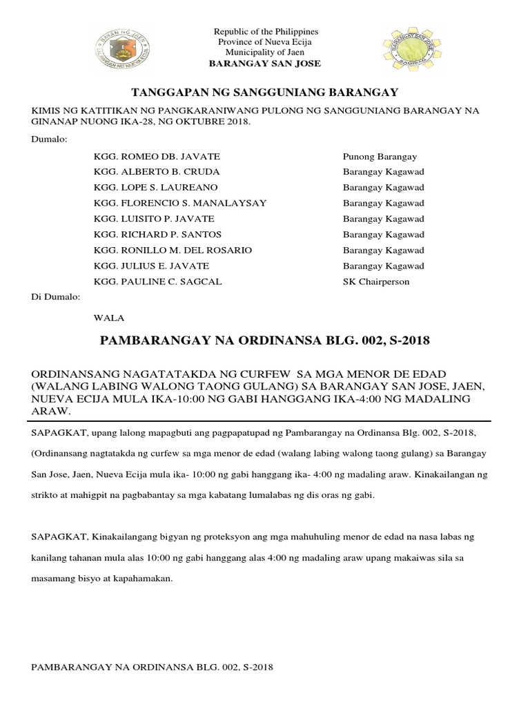 Tanggapan Ng Sangguniang Barangay: Pambarangay Na Ordinansa Blg. 002, S ...