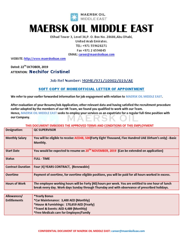 Maersk Oil Middle East Offer Letter | PDF | United Arab Emirates ...
