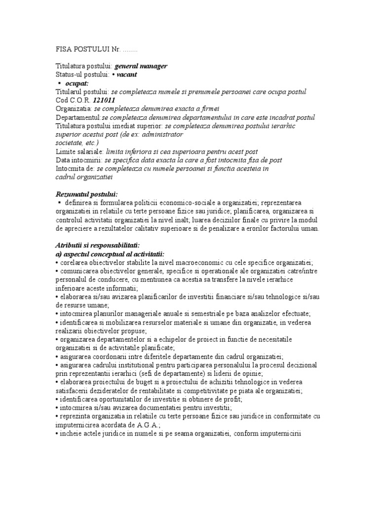 Fisa Postului Manager General | PDF