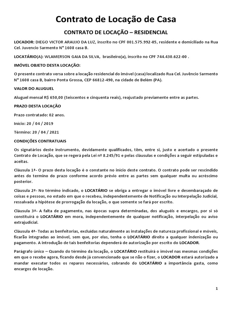 Contrato De Locação Residencial Pdf Conceitos Jurídicos