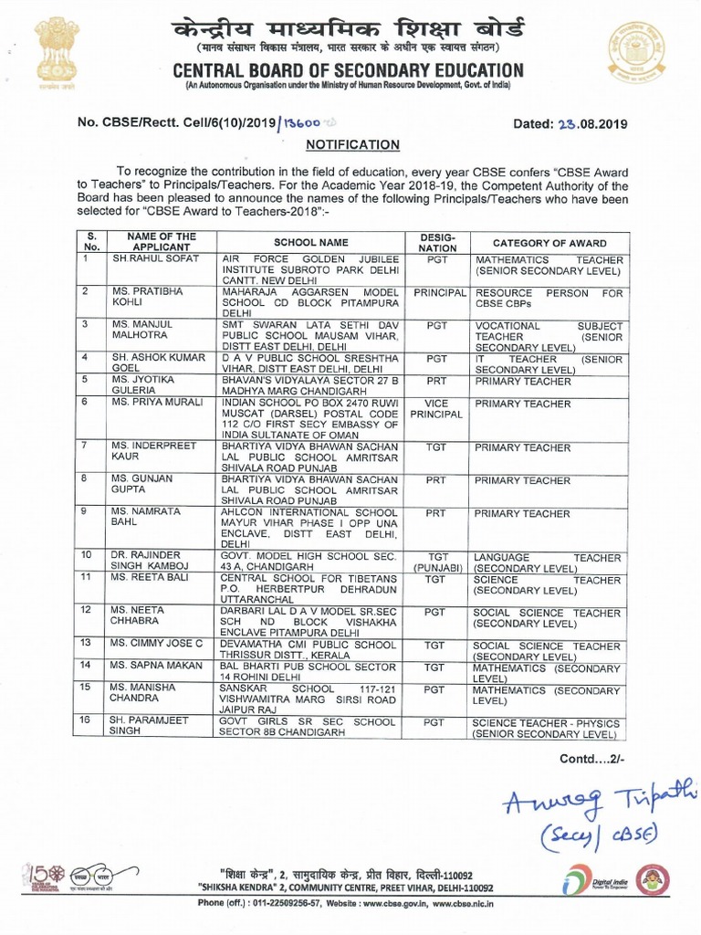 CBSE Teachers Award List PDF | PDF