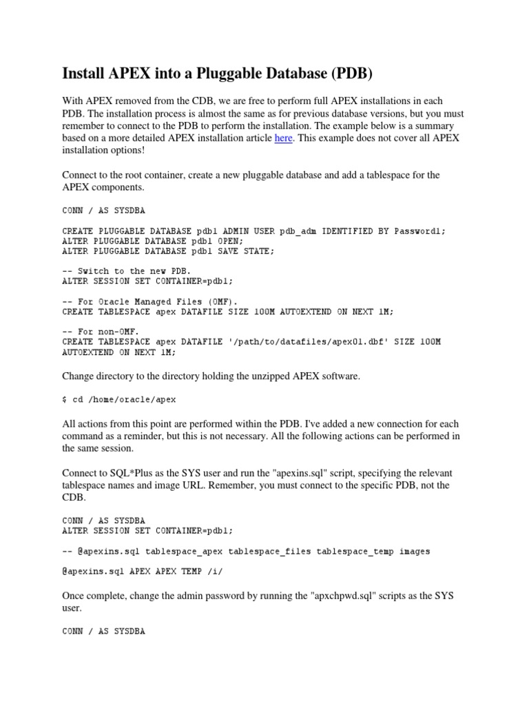 Install APEX Into A Pluggable Database | PDF | Computers