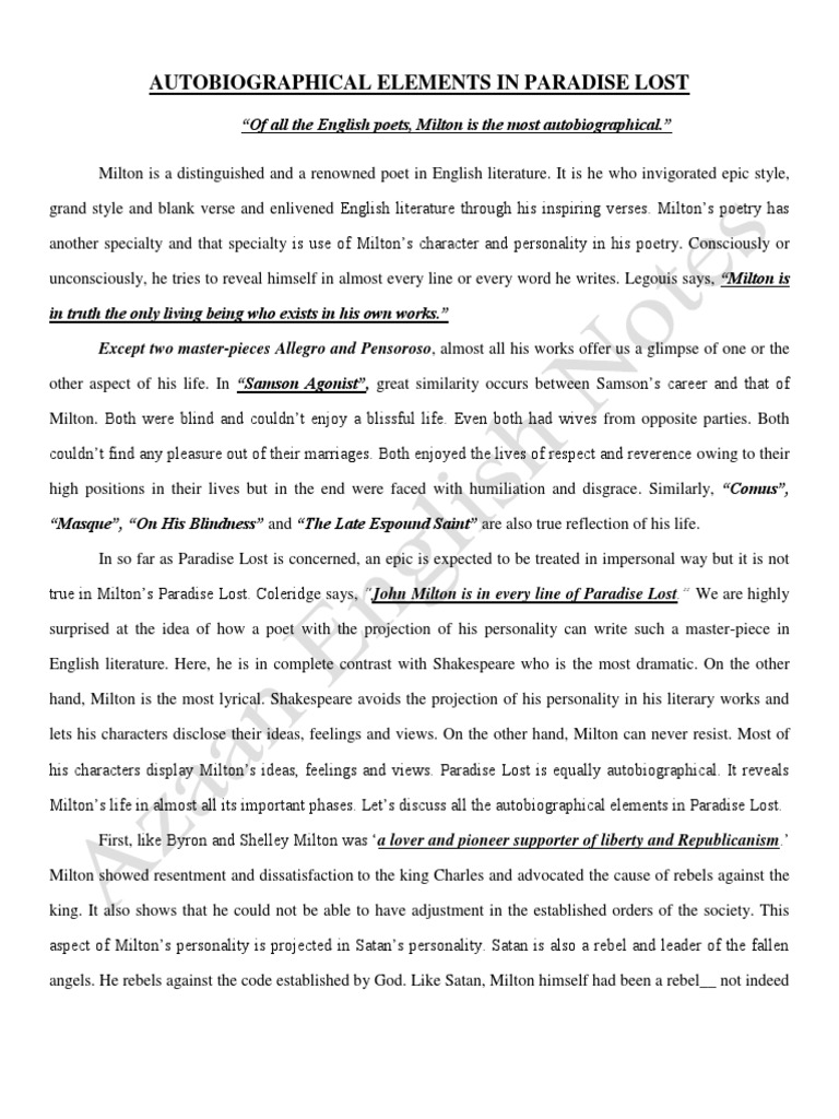 Autobiographical Elements in Paradise Lost | PDF | Paradise Lost | John ...