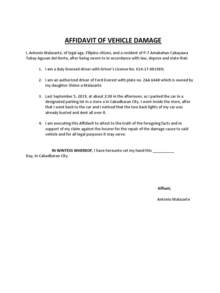 Affidavit of Vehicle Damage | PDF