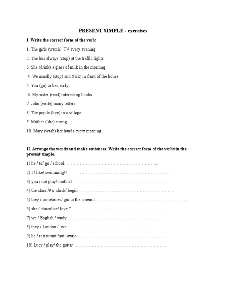 PRESENT SIMPLE - Exercises: I. Write The Correct Form of The Verb | PDF ...