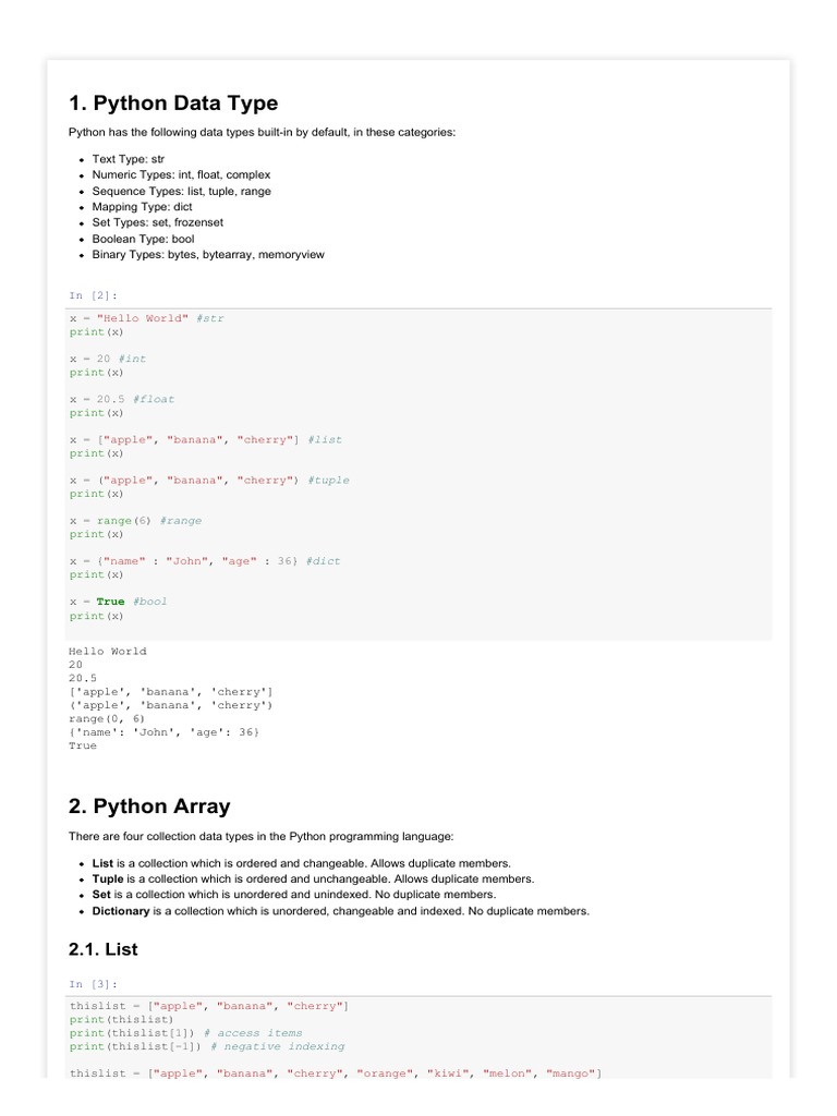A Comprehensive Guide to Python Data Types, Arrays, Conditionals, Loops and Functions | PDF ...