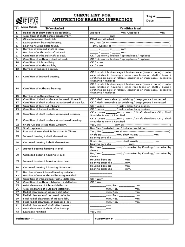 Check List - Antifriction Bearing Inspection | PDF | Bearing ...