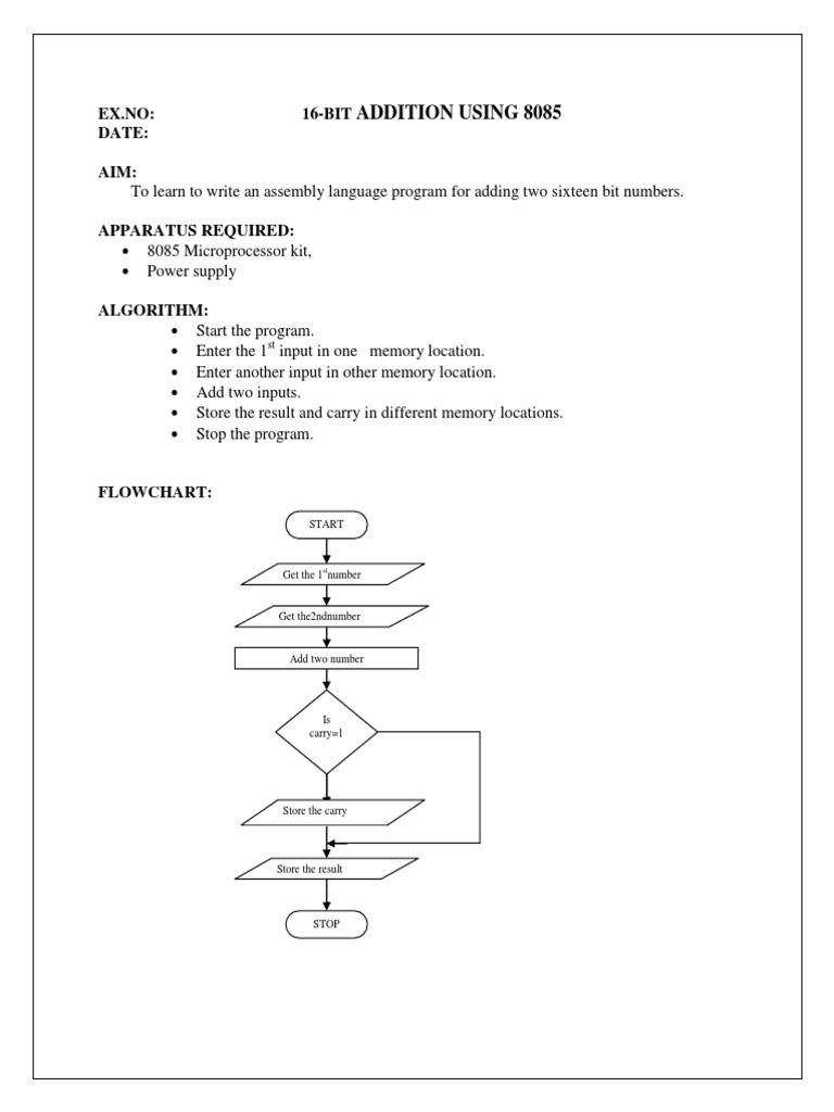 Addition Using 8085: Ex - No: 16-Bit Date: Aim | PDF | Electronic ...