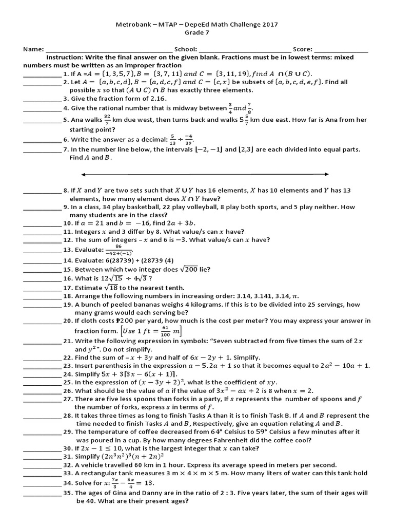 2017 Metrobank - MTAP - DepeEd Math Challenge | PDF | Inequality ...