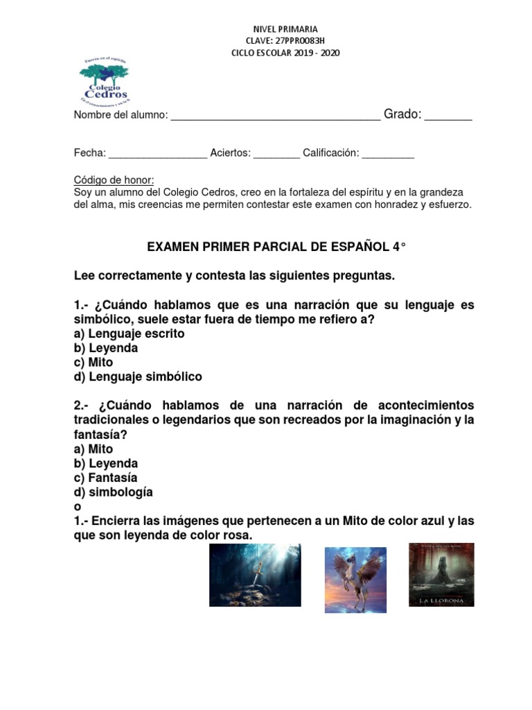 Examen Primer Parcial Español 4° | PDF | Leyendas