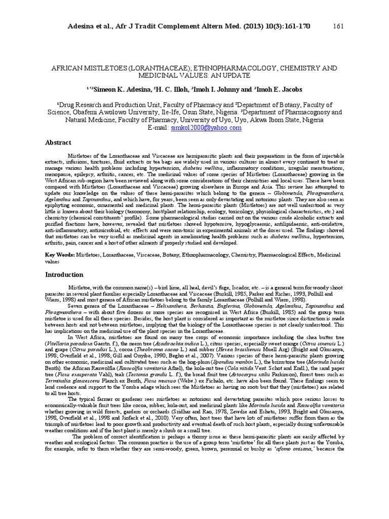 African Mistletoes (Loranthaceae) Ethnopharmacology, Chemistry and ...