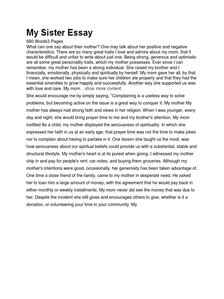 My Sister Essay: Show More Content | PDF
