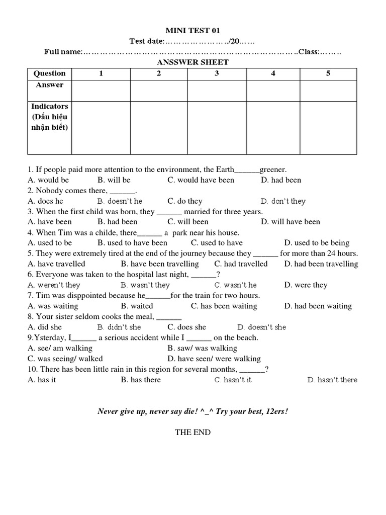 Mini Test 01 Test Date: ../20 Full Name: ..Class: .. Ansswer Sheet 1 2 ...