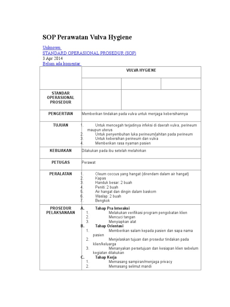 SOP Perawatan Vulva Hygiene | PDF