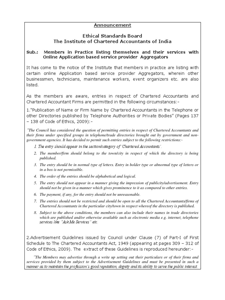 Ethical Standard Board ICAI Takes Action On CA Listed With Urbanclap ...