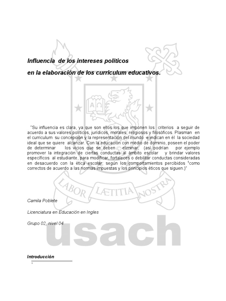 Influencia de Intereses Politicos en La Elaboracion de Curriculums ...